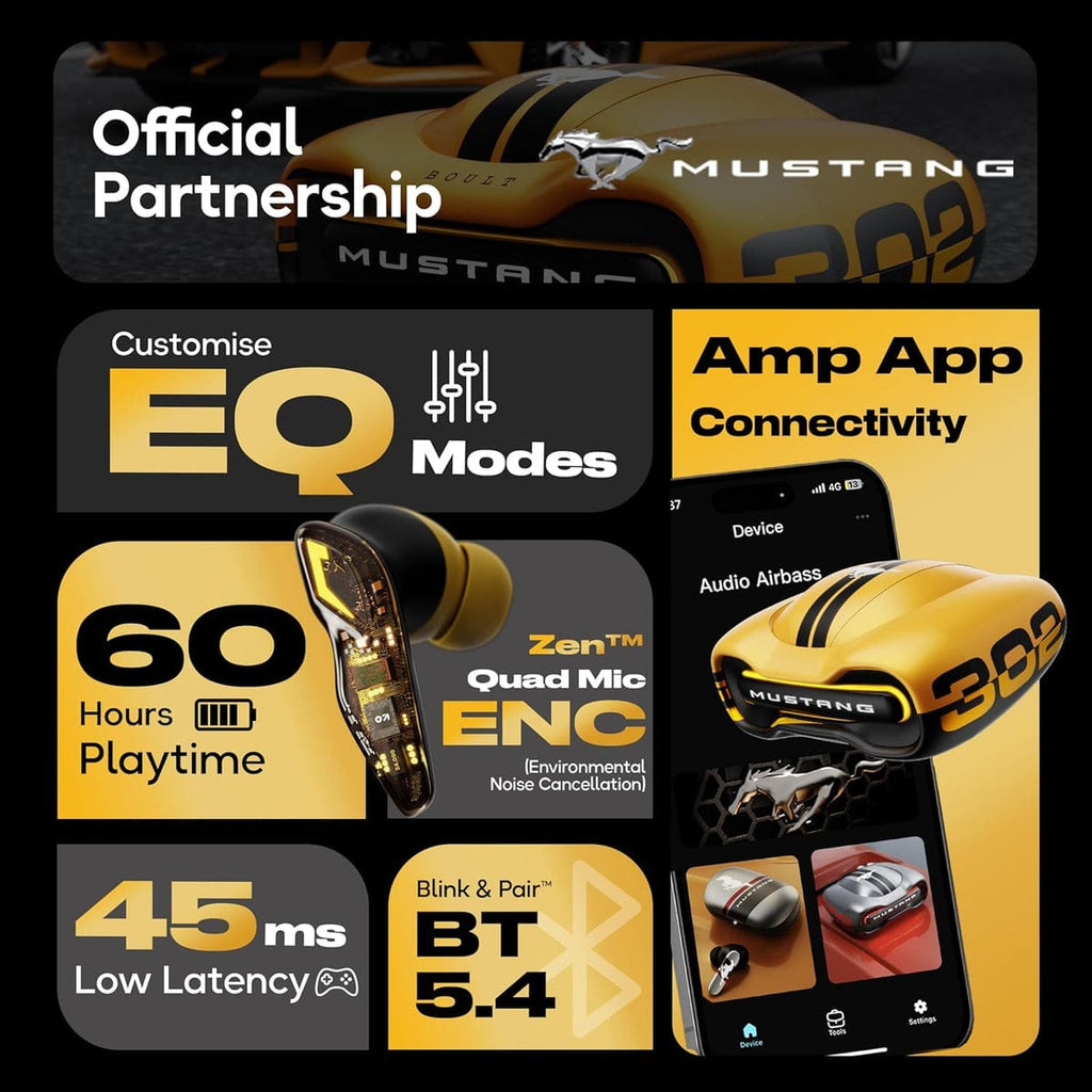 Mustang Torq Wireless in Ear Earbuds with 60H Playtime, App Support, Q ...